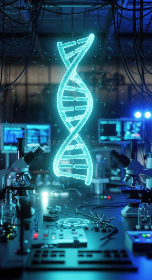 Glowing Cyan Dna Helix in Futuristic Laboratory Science Technology Concept Stock Illustration ...