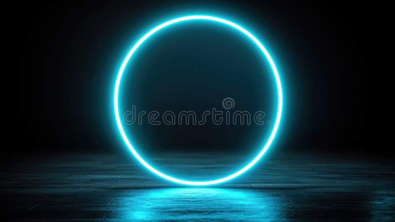 Glowing Cyan Neon Circle, Dark Studio, Reflective Floor, Empty Space ...