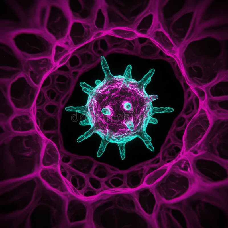 Glowing Cyan Virus Cell in Pink Network Structure Stock Illustration ...