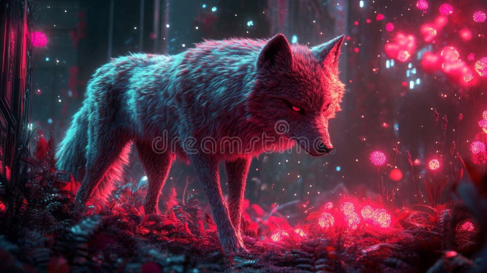 Glowing Cyan Wolf in a Red Enchanted Forest Stock Illustration ...