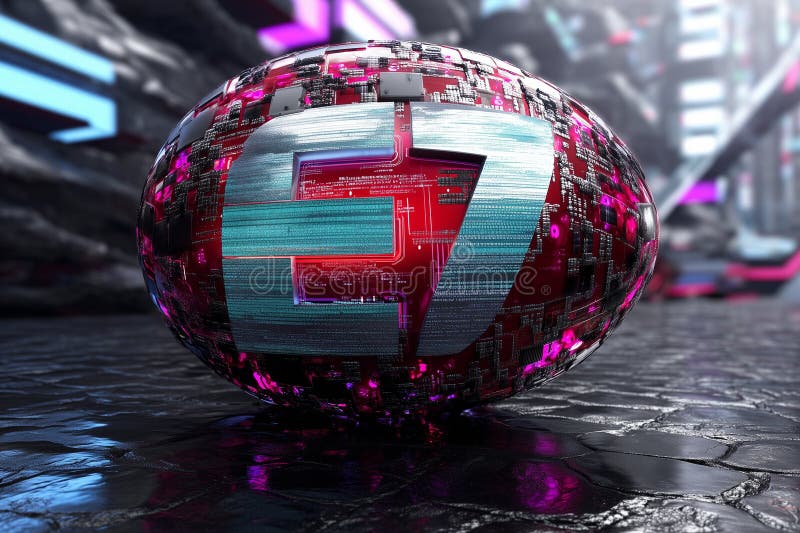 Glowing Cyber Easter Egg with Neon Circuits and Digital Messiah Symbol Stock Illustration ...