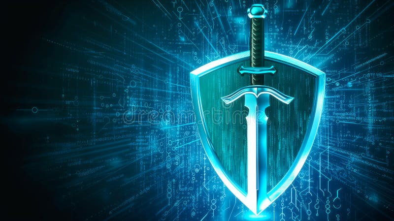 Glowing Cyber Security Shield with Sword Stock Illustration ...