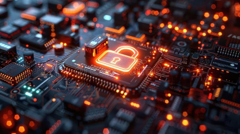 Glowing Cybersecurity Circuit Board with Orange Lock Icon Stock ...