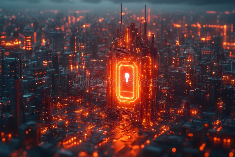 Glowing Cybersecurity Cityscape - Futuristic Digital Data Protection ...