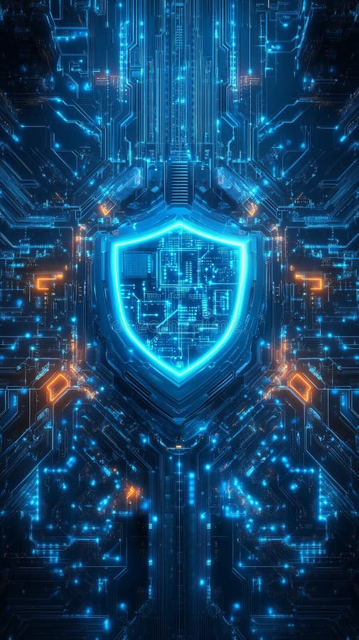 Glowing Cybersecurity Shield Icon within Complex Circuit Design Stock ...