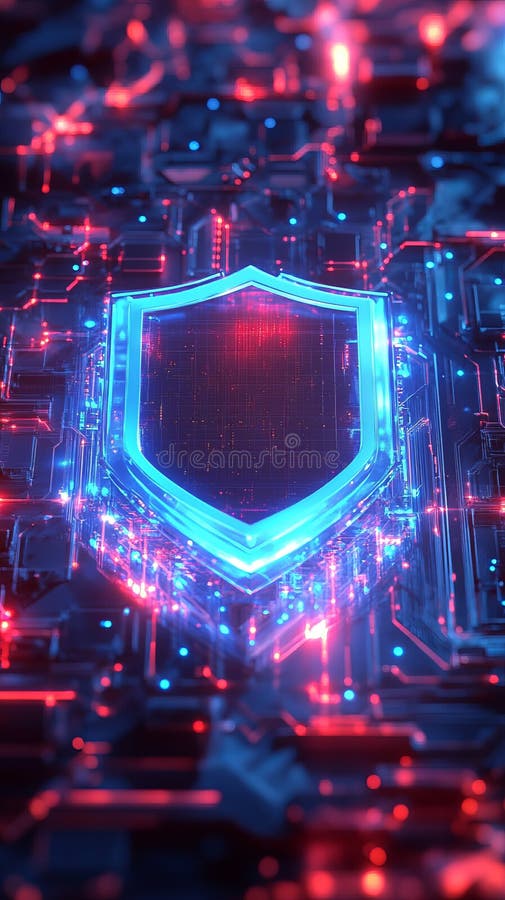 Glowing Cybersecurity Shield Icon within Complex Circuit Design Stock ...