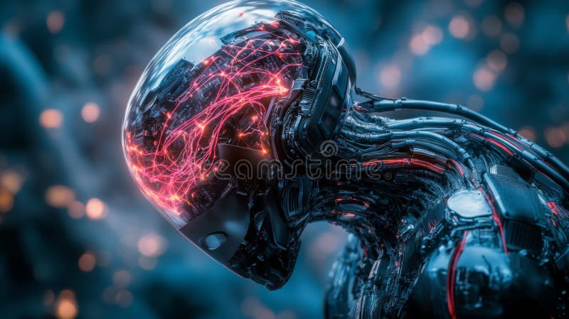 Glowing Cyborg Head in Dark Blue Setting Stock Illustration ...