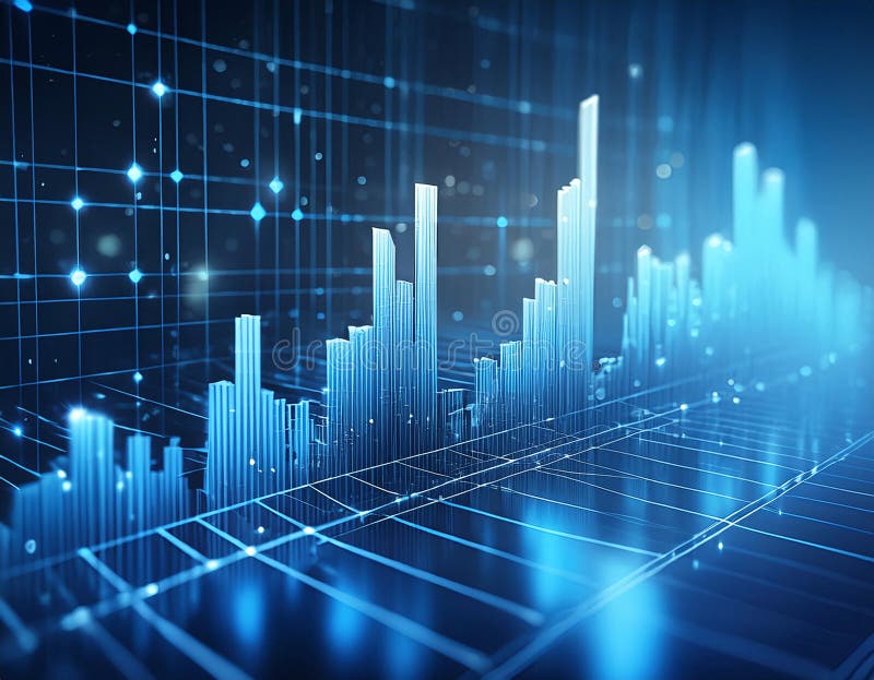 Glowing 3D Bar Graph on a Blue Grid Background Stock Illustration ...
