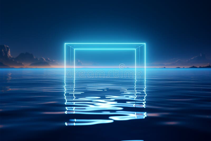 Glowing 3D Blue Neon Square Reflected in Tranquil Water Stock ...