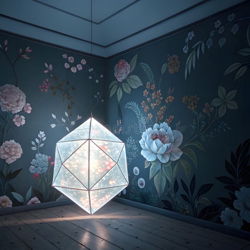 Glowing 3D Crystal Floating with Floral 2D Patterns Stock Illustration ...