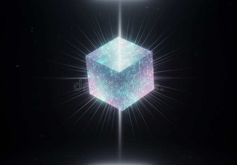 A Glowing 3D Cube Floats in a Dark Space, Emitting Bright, Iridescent ...