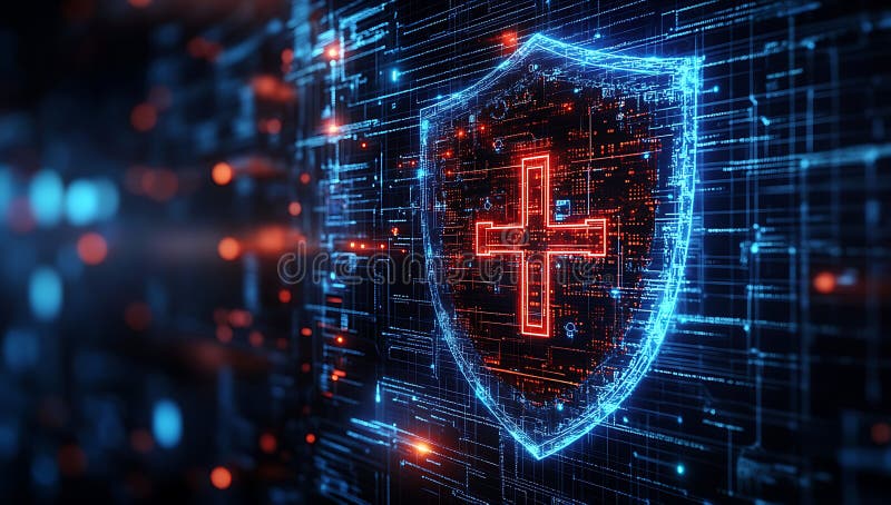 Futuristic Digital Shield with Red Medical Cross Symbolizing ...