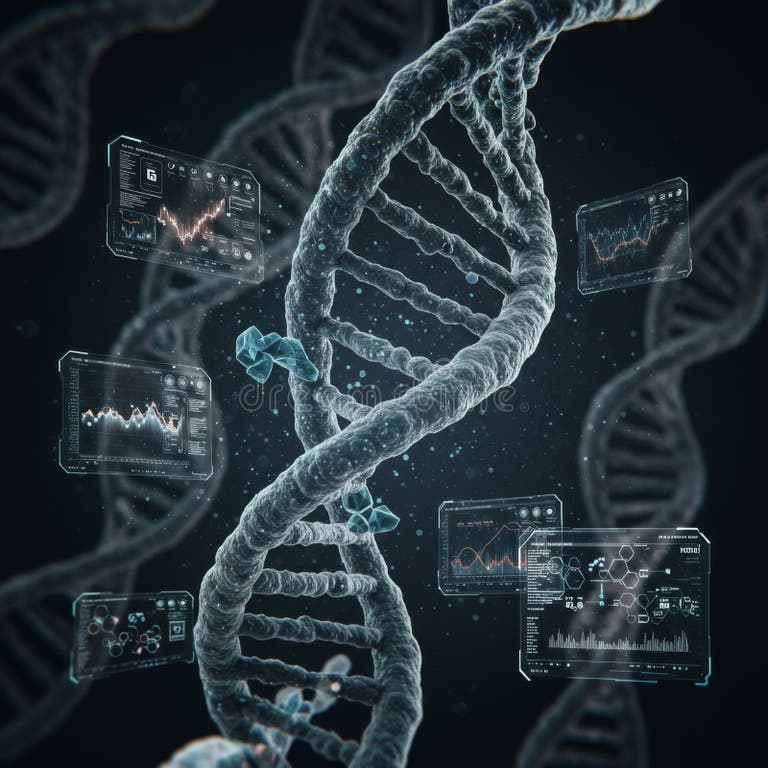 Glowing 3D DNA Helix with Data Charts Stock Illustration - Illustration ...