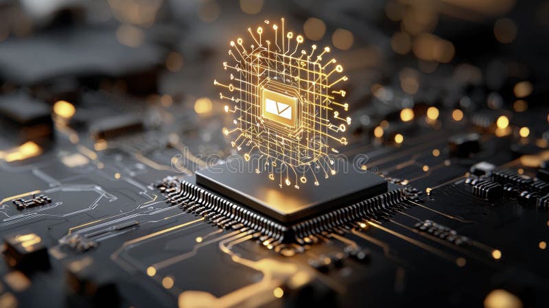 Glowing 3D Encrypted Email Icon Floating Above Futuristic Microchip ...