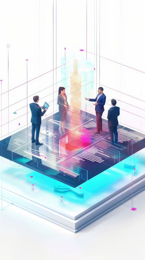 A Glowing 3D Grid Platform with Miniature Silhouettes Representing ...