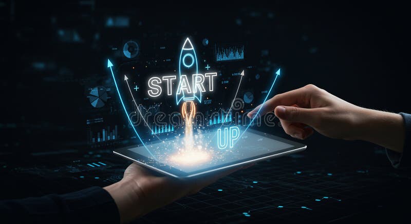 A Glowing 3D Holographic Display of a Rocket and the Word "START UP ...