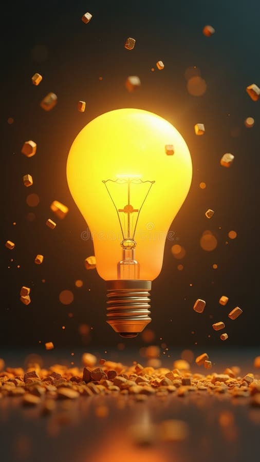 A Glowing 3D Lightbulb Idea with Golden Particles Floating Around, Warm ...