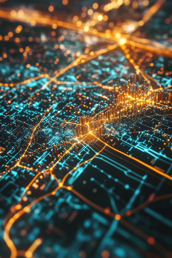 A Glowing 3D Map with Points of Interest and Overlapping GIS Network ...