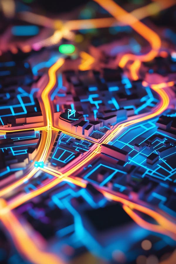 A Glowing 3D Map with Points of Interest and Overlapping GIS Network ...