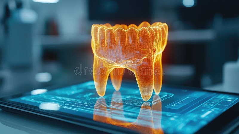 Glowing 3D Model of a Tooth on a Digital Tablet, Representing Dental ...