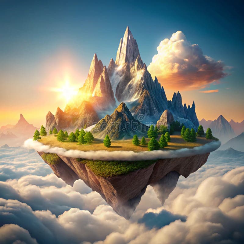 Glowing 3D Mountain Landscape with Floating Clouds Stock Illustration ...