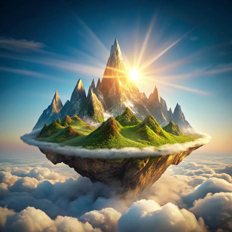 Glowing 3D Mountain Landscape with Floating Clouds Stock Illustration ...