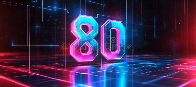 Glowing 3D Number 80 on Futuristic Digital Background with Reflections ...