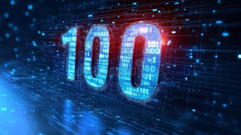 Glowing 3D Number 100 on Futuristic Digital Background. Technology ...