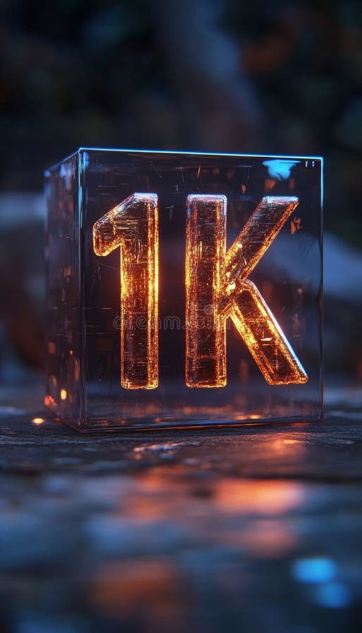 Glowing 3D Number 1K in Futuristic Glass Cube on Abstract Background ...