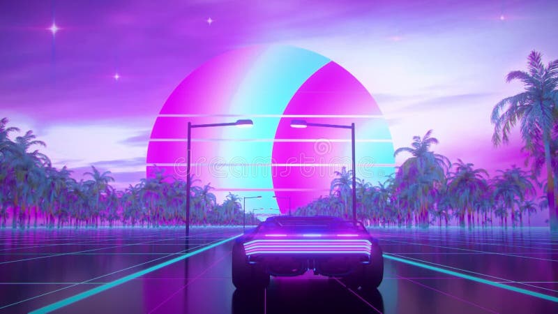 3D Retro Synthwave Car and Palms Landscape VJ Loop Motion Background ...