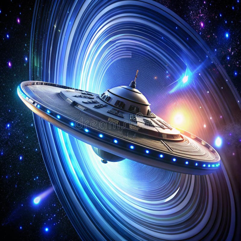 Glowing 3D Spaceship with Rotating Star Trails Stock Illustration ...