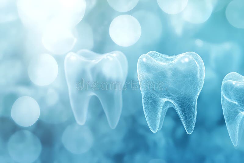 Glowing 3D Tooth Models Floating in an Abstract Blue Background. Shiny ...