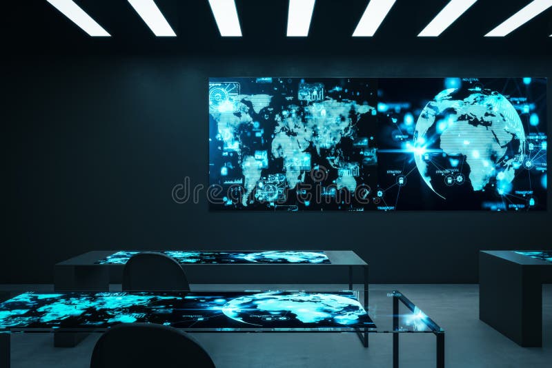 Glowing Dark Interior with Interactive Screens on Wall and Desks ...