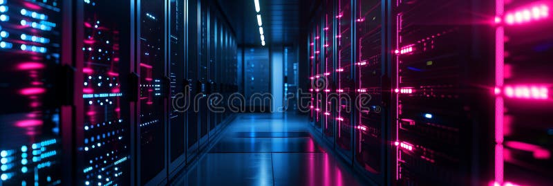 Glowing Dark Server Room with Glowing Computer Equipment. Banner Stock ...