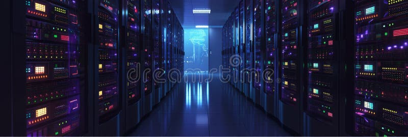 Glowing Dark Server Room with Glowing Computer Equipment. Banner Stock ...