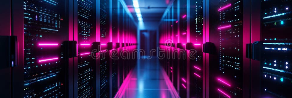 Glowing Dark Server Room with Glowing Computer Equipment. Banner Stock ...