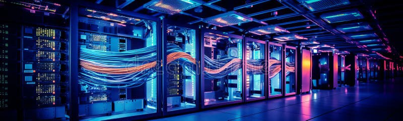 Glowing Dark Server Room with Glowing Computer Equipment. Banner Stock ...