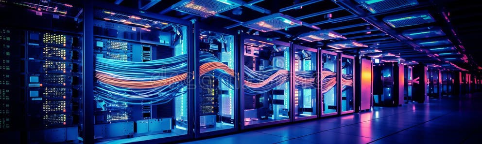 Glowing Dark Server Room with Glowing Computer Equipment. Banner Stock ...