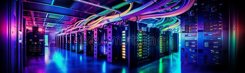 Glowing Dark Server Room with Glowing Computer Equipment. Banner Stock ...