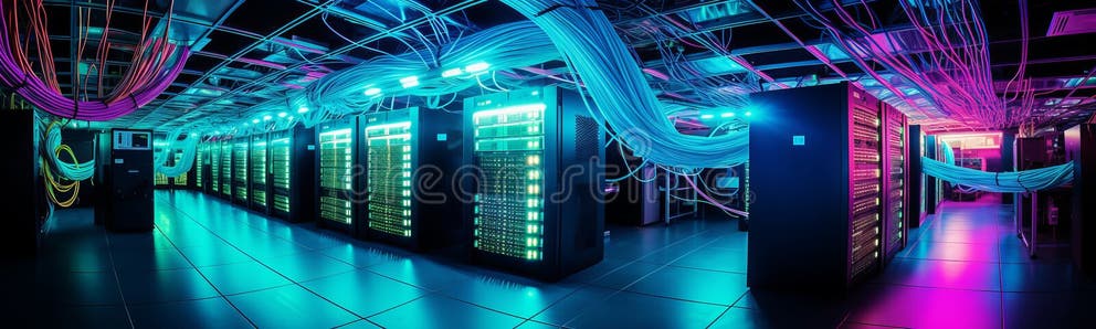 Glowing Dark Server Room with Glowing Computer Equipment. Banner Stock ...