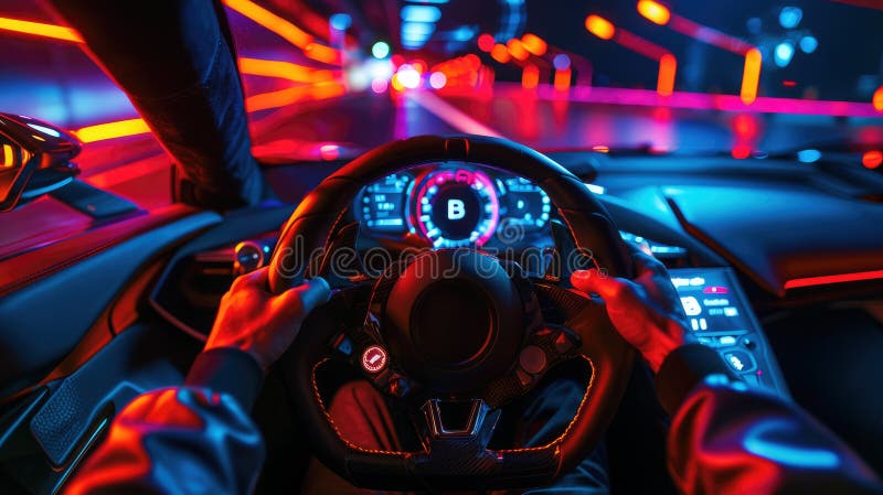Glowing Dashboard Inside Moving Car at Night, Pov View of Driver Hands ...