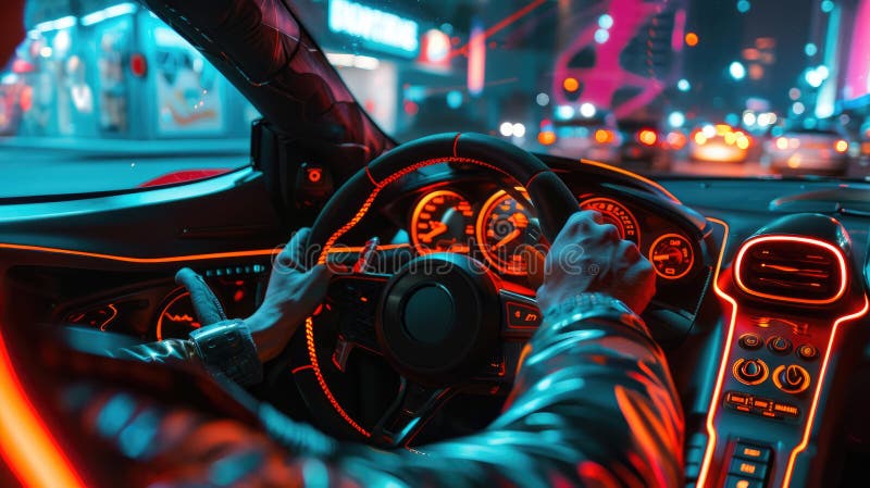 Glowing Dashboard Inside Moving Car at Night, View of Driver Hands ...