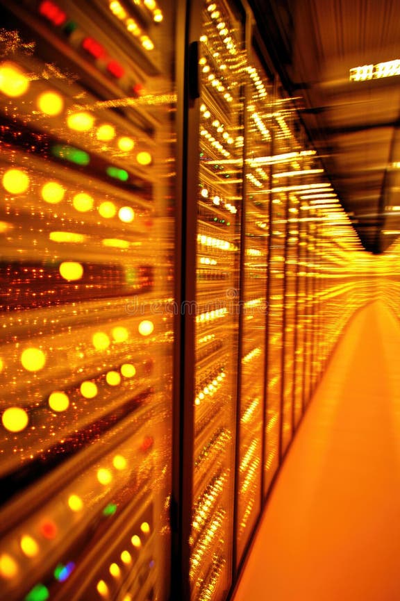 Glowing Data Center Corridor with Blurred Orange Lights and Reflective ...