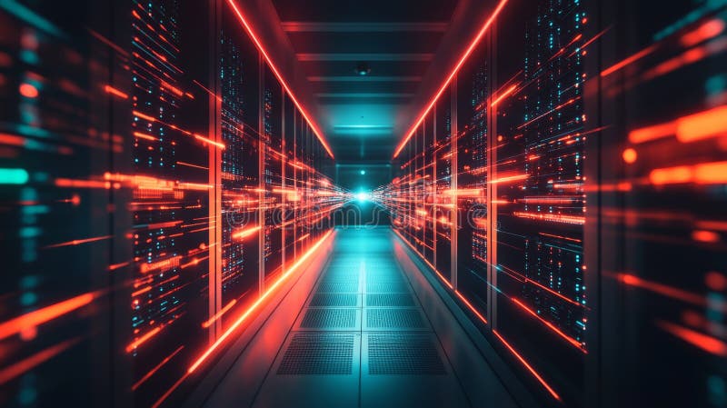 A Glowing Data Center with Dynamic Light Trails and Server Racks ...