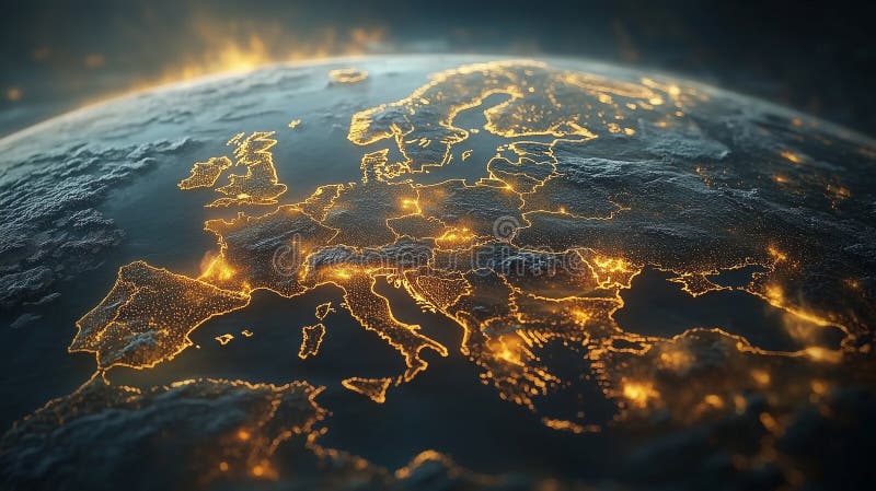 Glowing Data of Europe Map on Earth. Concept Global Disaster Network and Connectivity on Globe ...