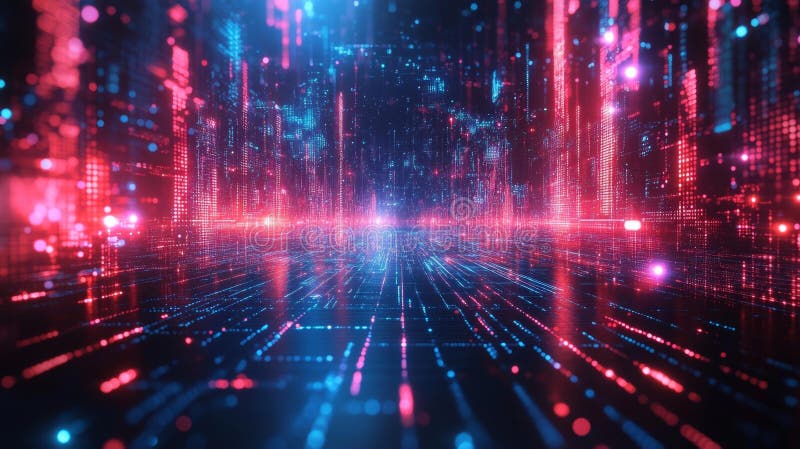 Glowing Data Flow and Pixelated Map in Digital World Stock Illustration ...