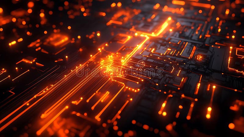 Glowing Data Flowing through High-Tech Circuits in Orange and Black 3D ...