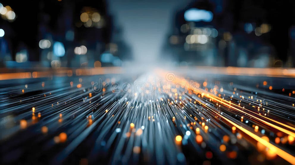 Glowing Data Pathways with Orange and White Light Particles Forming a ...