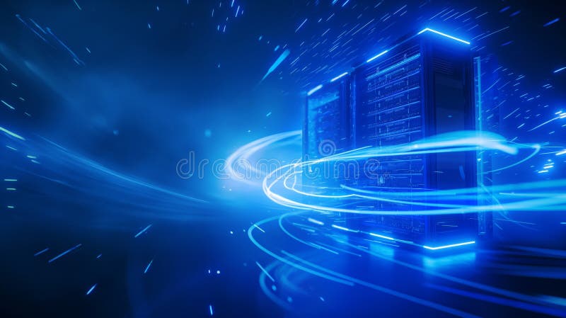 Glowing Data Servers with Blue Light Trails Stock Photo - Image of ...