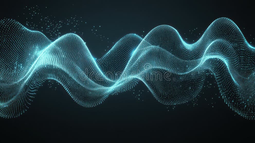 Glowing Data Stream Abstract Wavy Particle Network in Aqua on Dark ...